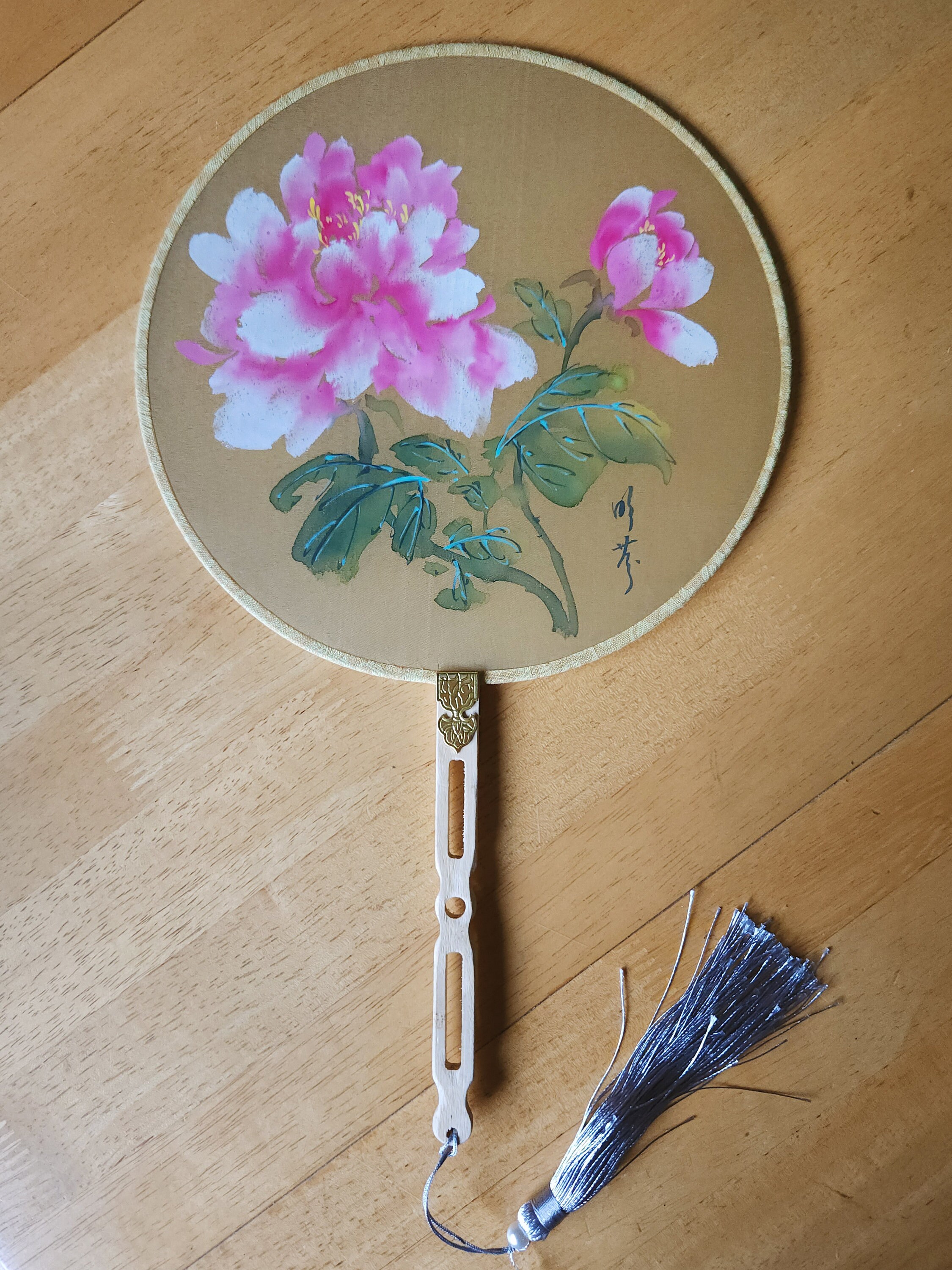 Hand Painted Peony Chinese Silk Fan With Tassel Watercolor and Ink ...