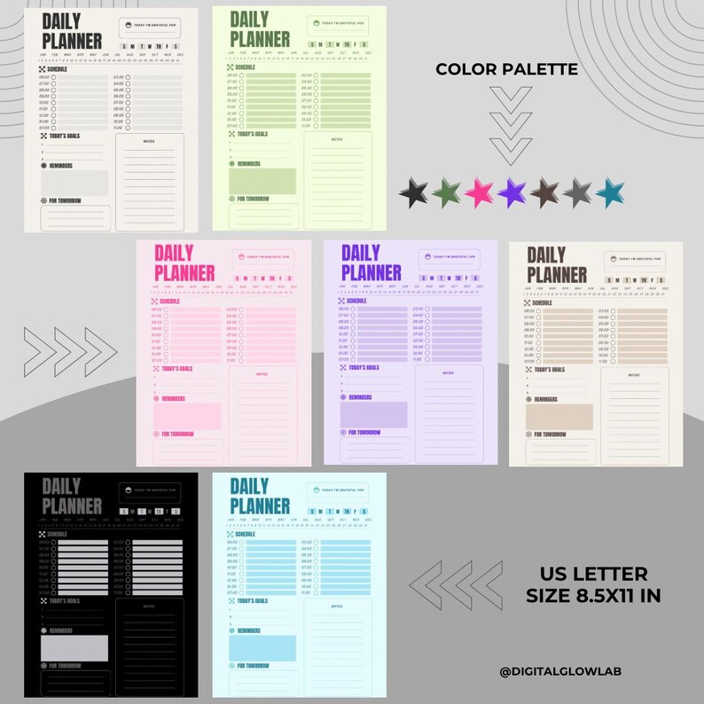 Digital & Printable Daily Planner Template | 7 Color Options for a ...
