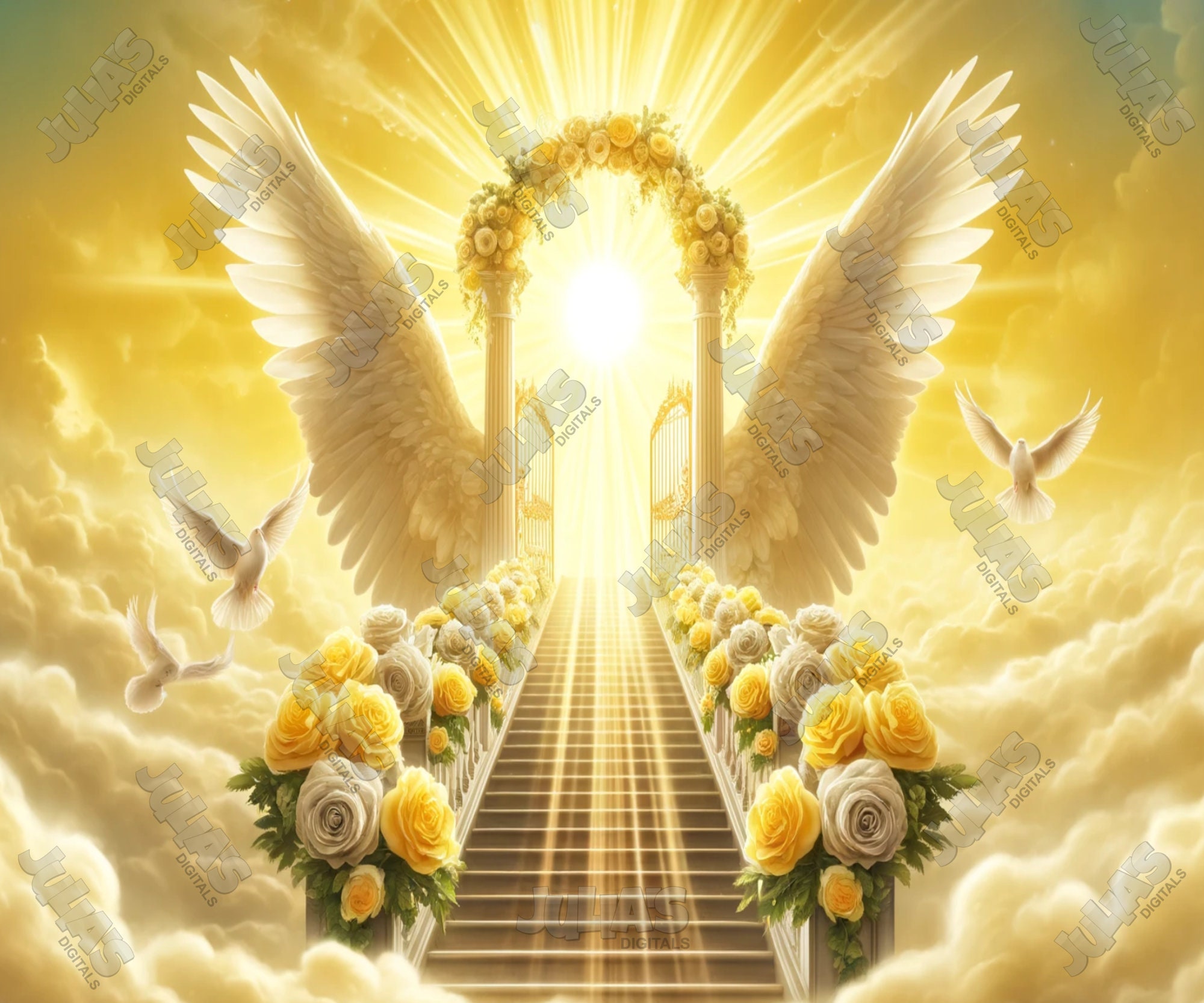Memorial PNG, Yellow, Lilies, Roses, Doves, Heaven, Wings, Golden Gate ...
