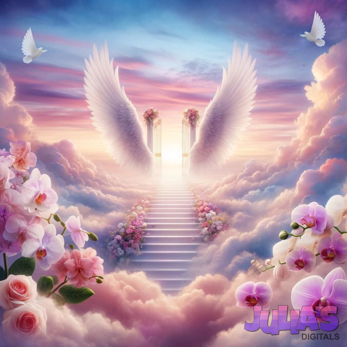 Heavenly Stairway Digital Image: Lilies, Doves, Clouds (PNG) - Etsy