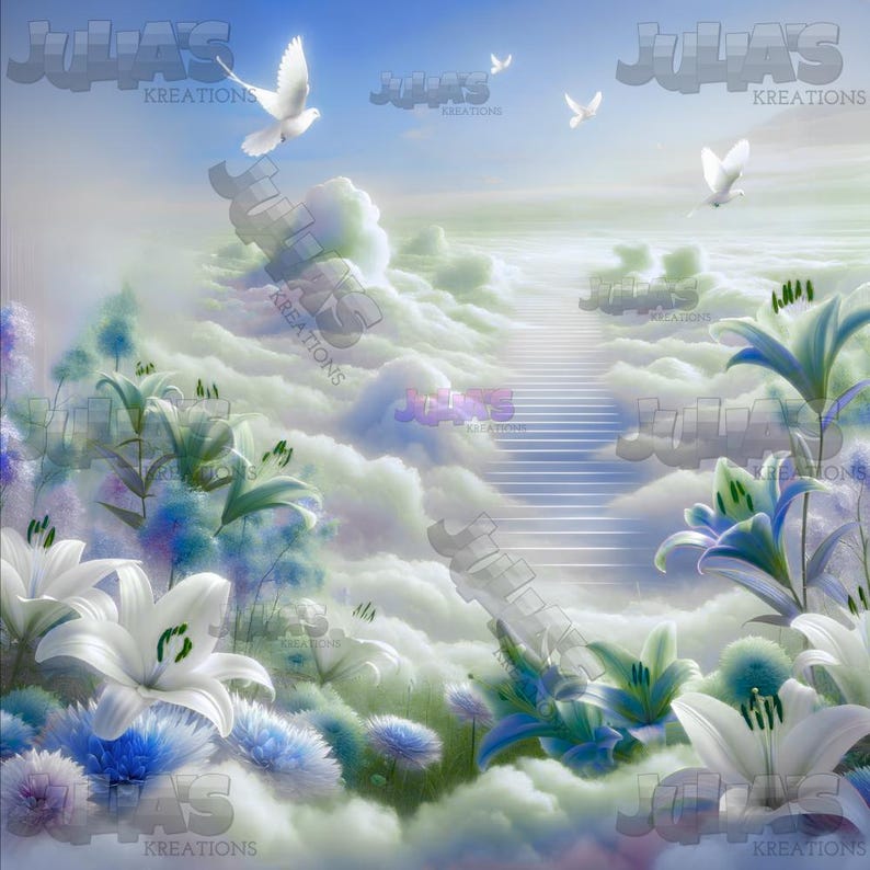 Heavenly Stairway PNG: Blue Lilies, Doves, Clouds (digital Download) - Etsy