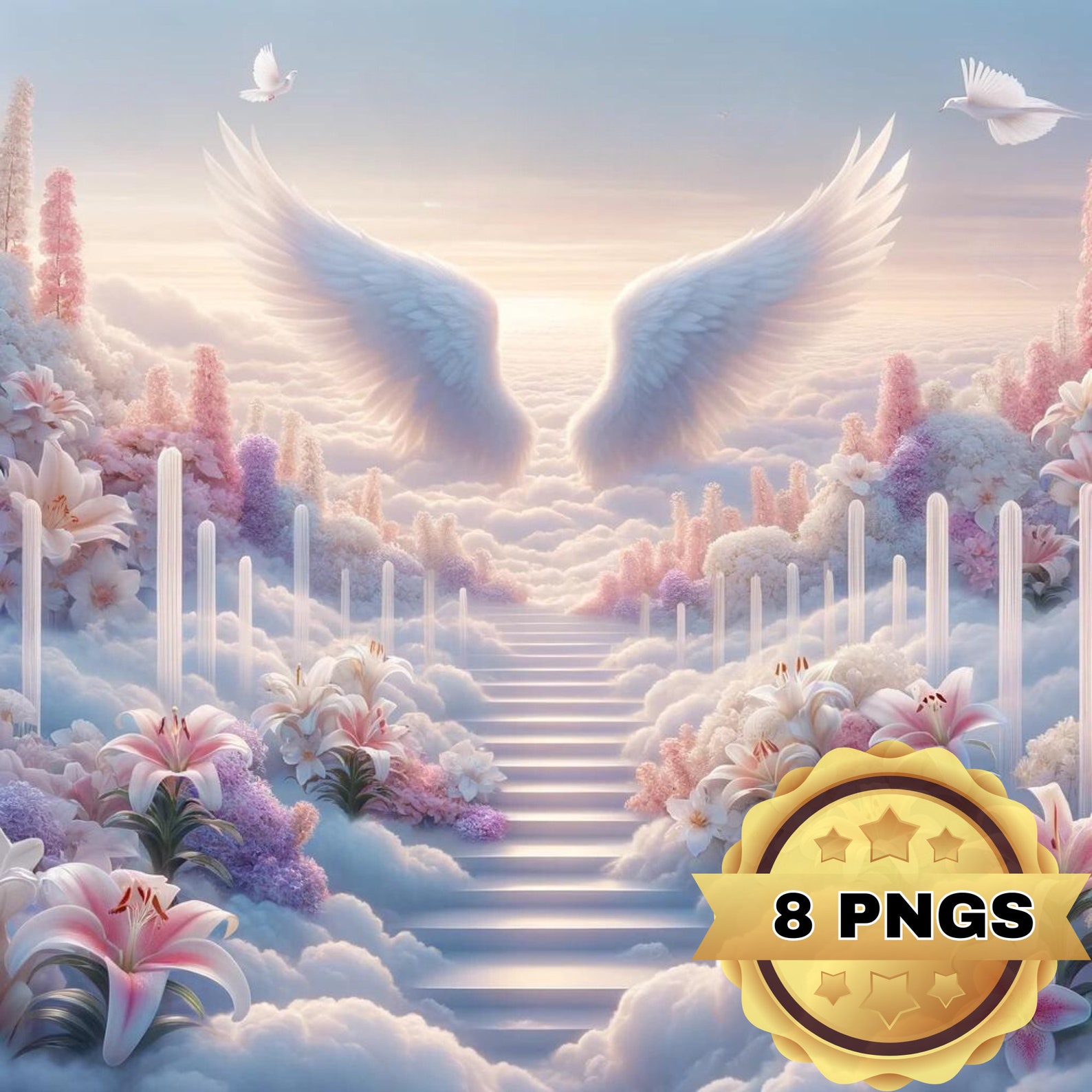 Heavenly Stairway Digital Image: Lilies, Doves, Clouds (PNG) - Etsy
