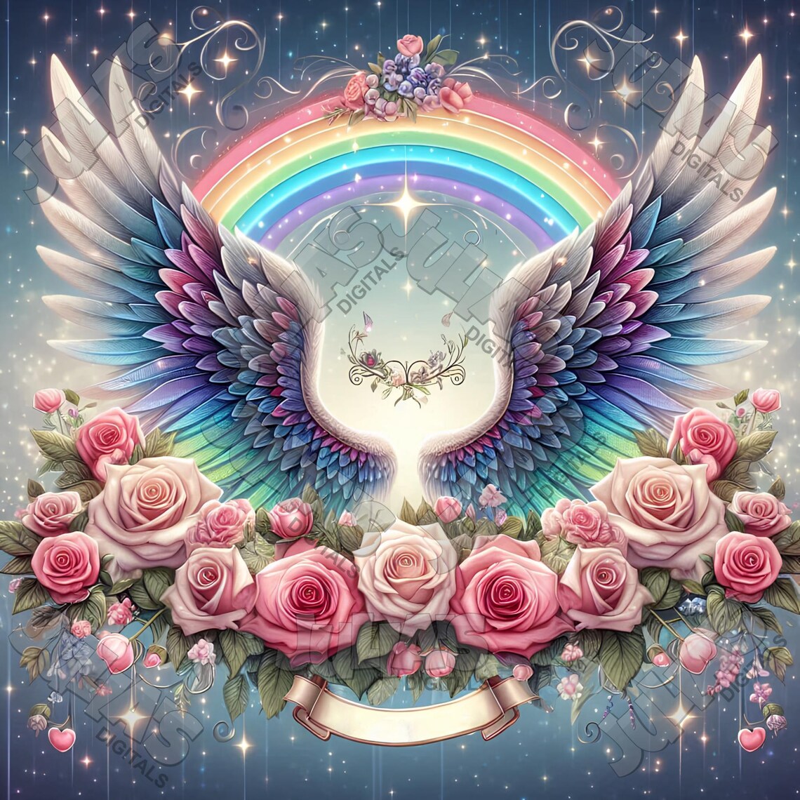 Angel Wings Roses Wreath PNG: Memorial Banner Design (digital Download ...