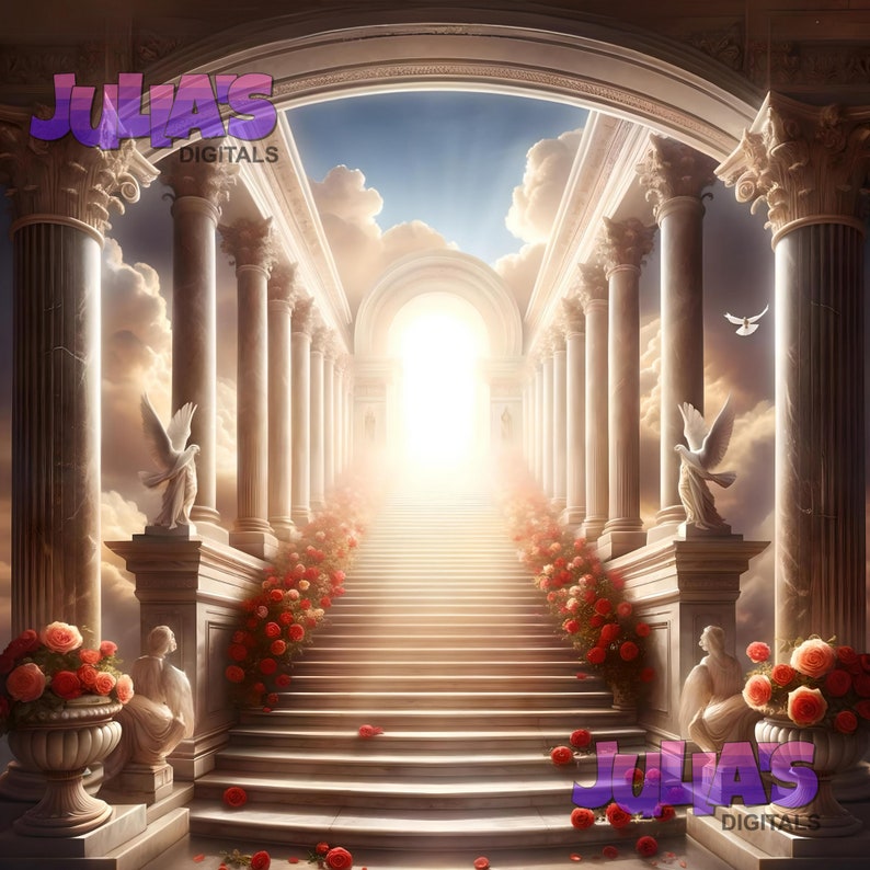 Heavenly Stairway Digital Image: Lilies, Doves, Clouds (PNG) - Etsy