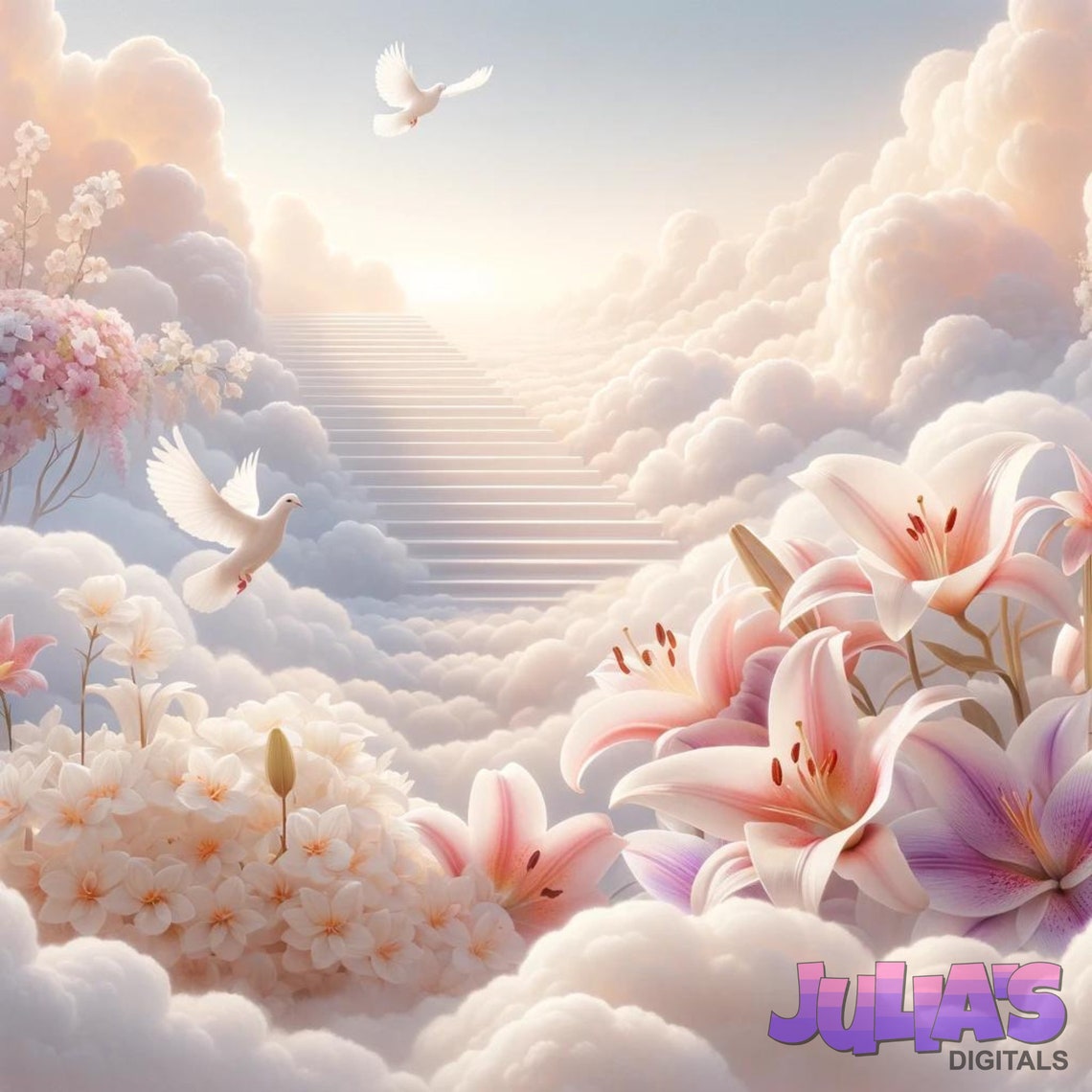 Heavenly Stairway Digital Image: Lilies, Doves, Clouds (PNG) - Etsy
