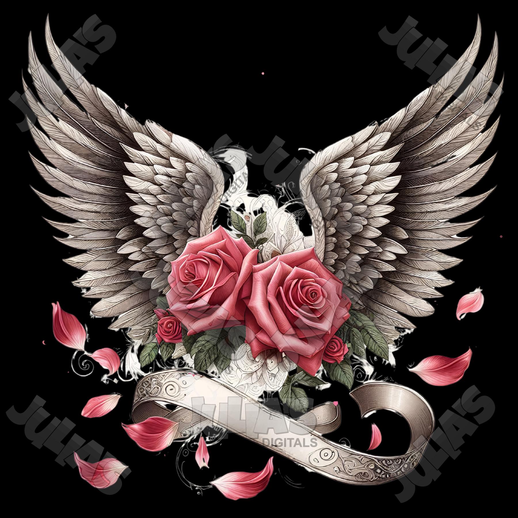 Angel Wings Roses PNG: Memorial Banner, Celestial Design (digital ...