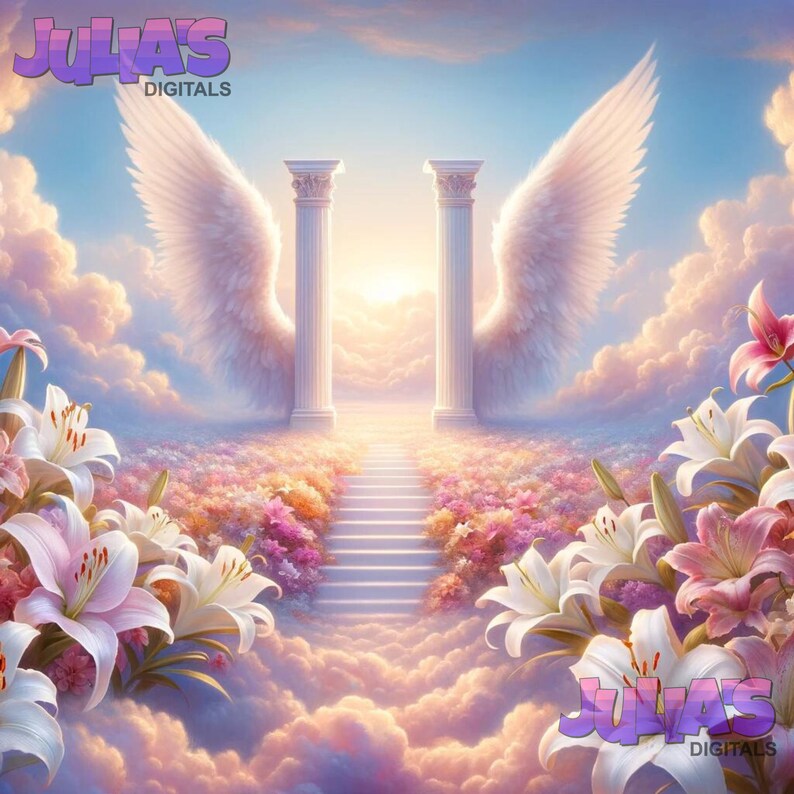 Heavenly Stairway Digital Image: Lilies, Doves, Clouds (PNG) - Etsy