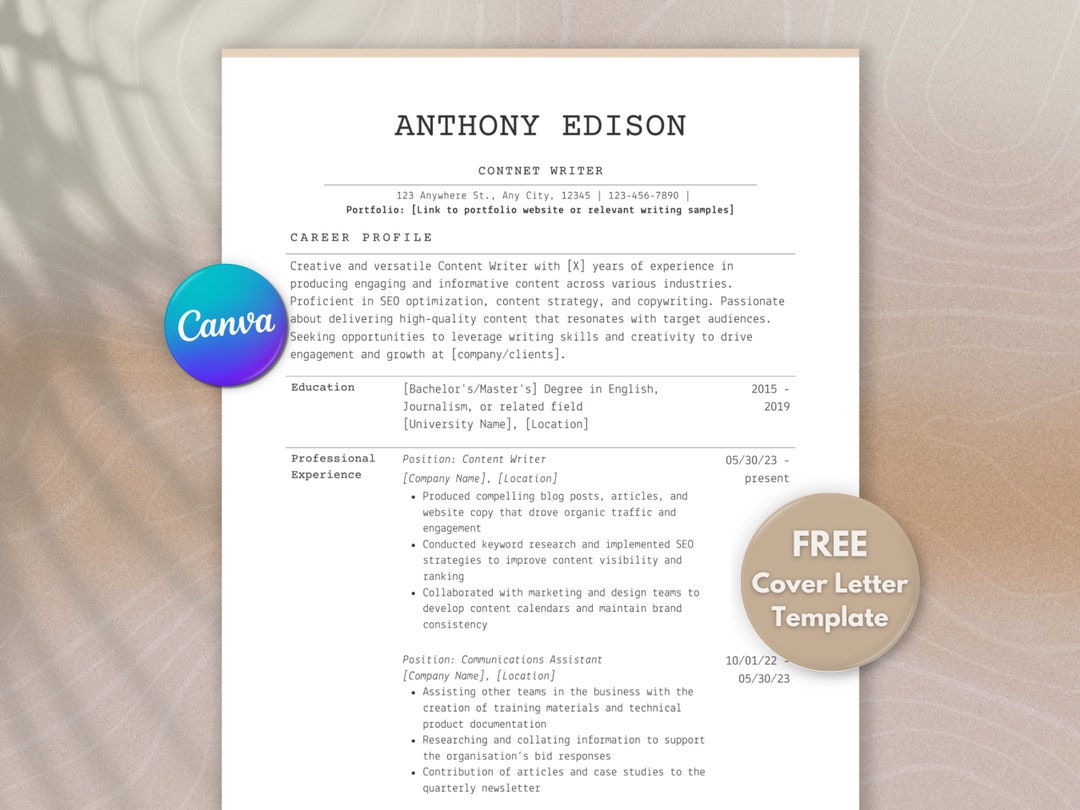 Professional Resume With Cover Letter Content Writer Editable ...