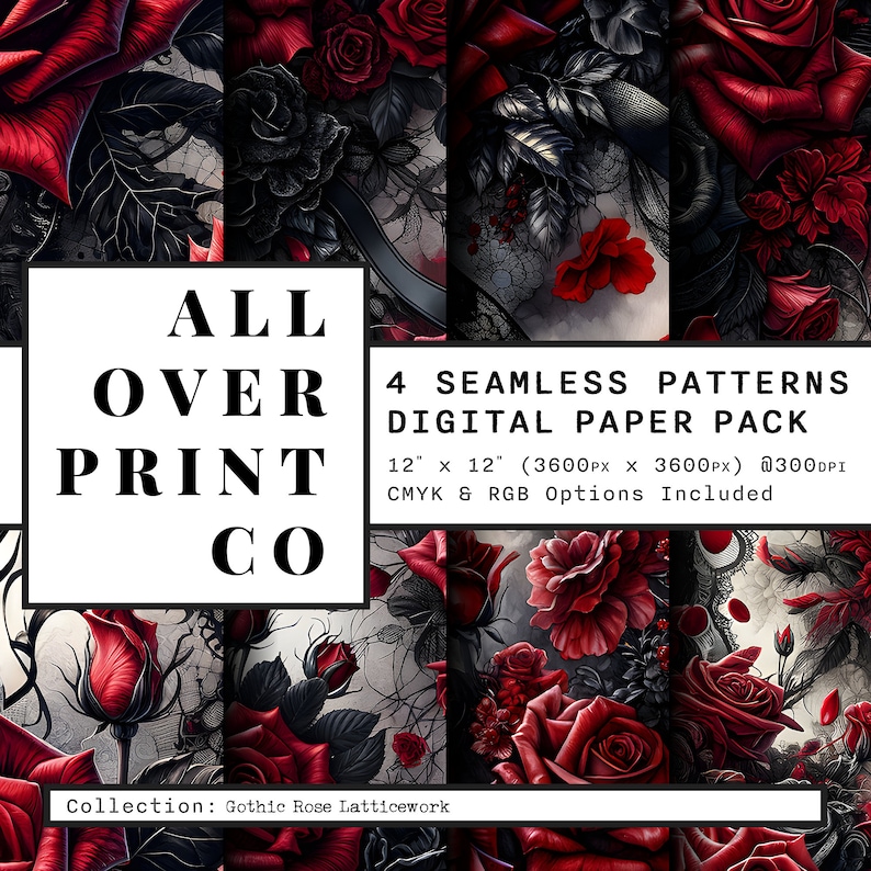 Gothic Rose Seamless Pattern Digital Paper Pack Bundle, Black Lace and ...