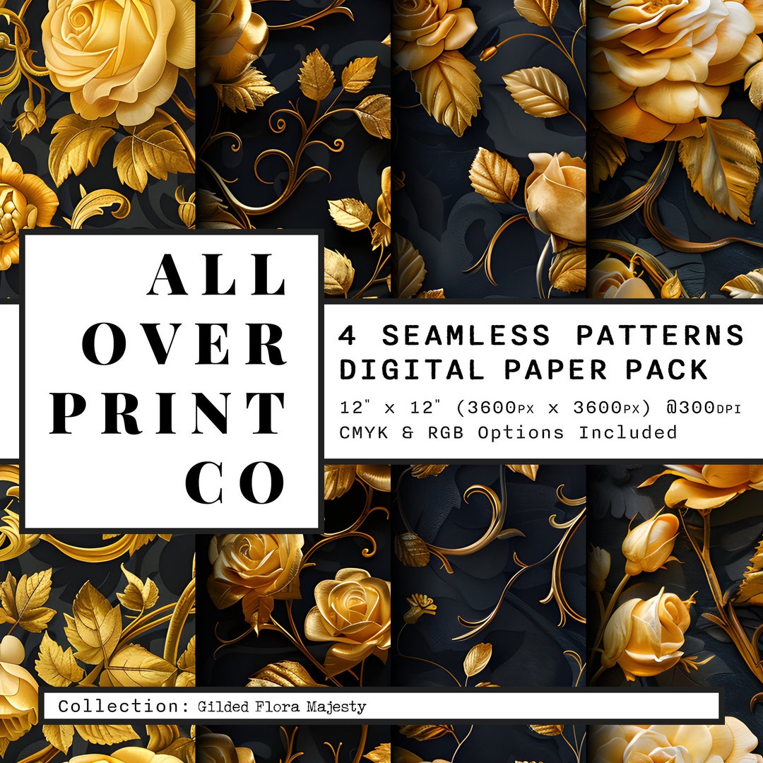 Golden Floral Scrolls Seamless Pattern Digital Paper Pack Bundle ...