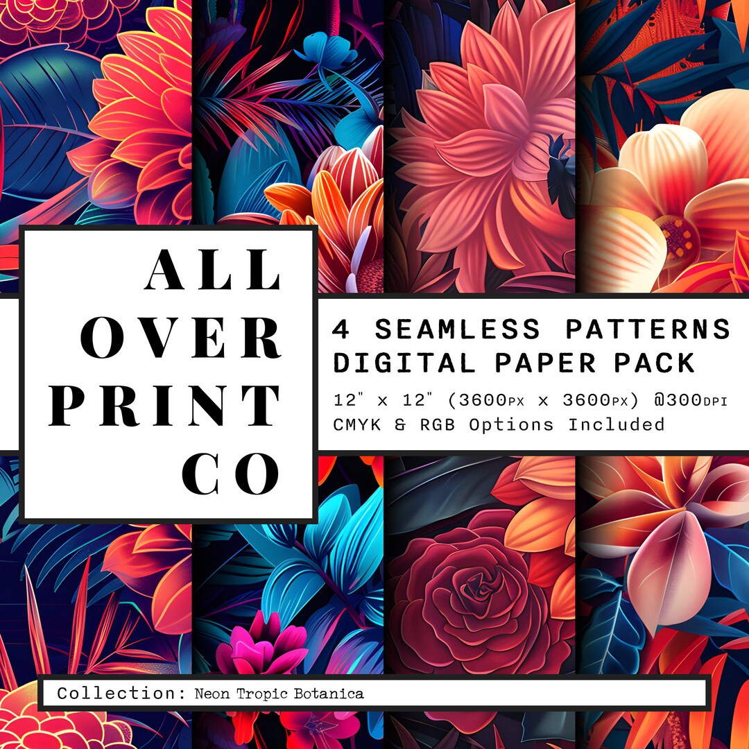 Synthwave Tropical Seamless Patterns Hawaiian Flower & Palm Leaves ...