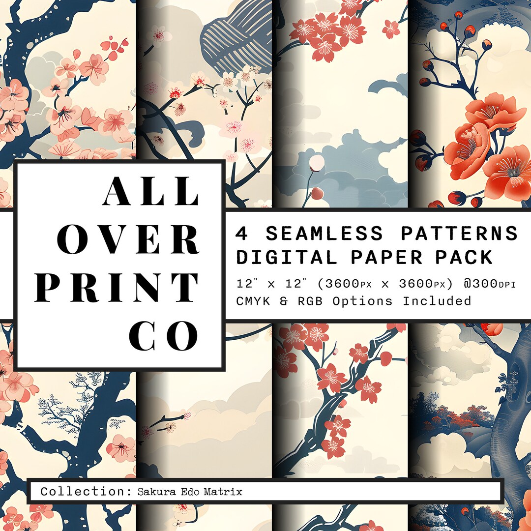 Ukiyo-e Cherry Blossom Seamless Patterns Digital Paper Pack, Floral ...