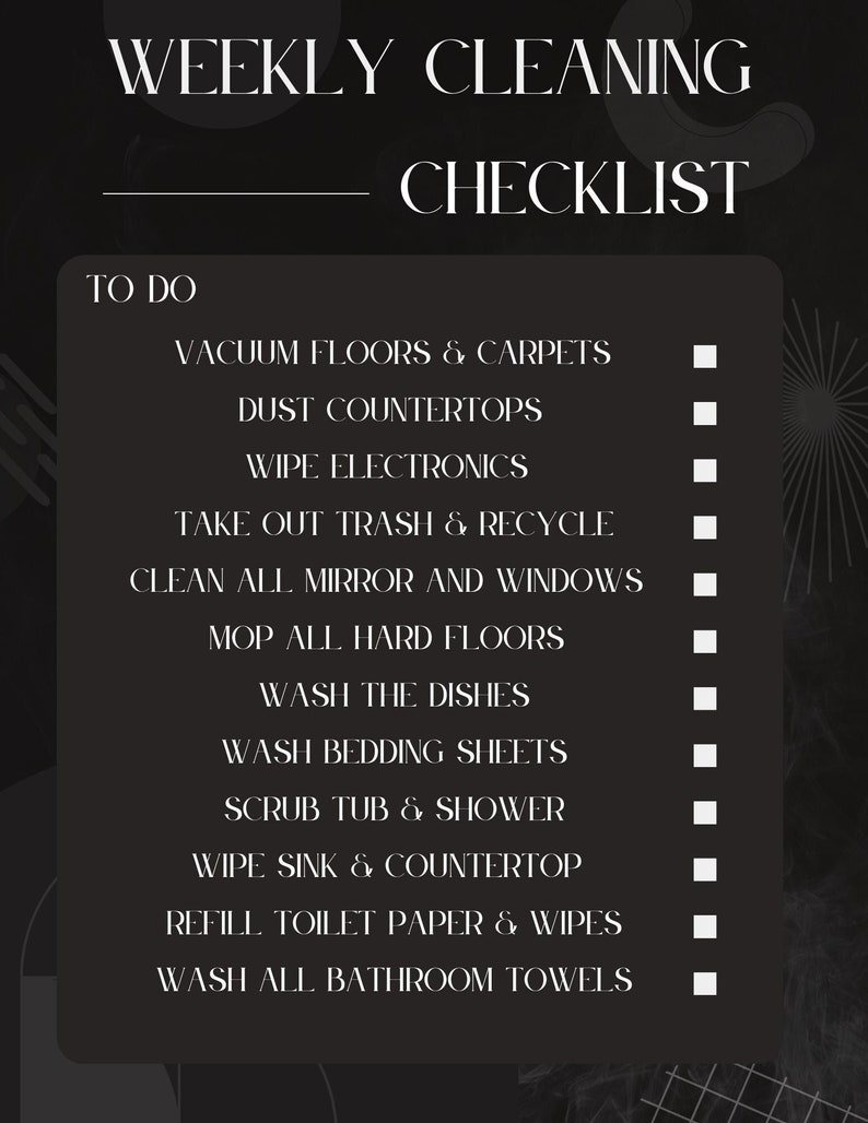 15 Task Weekly Cleaning Checklist for a Tidy and Organized Space. - Etsy