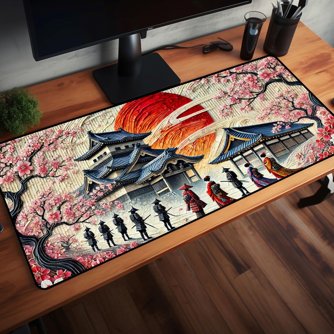 Japanese Art Desk Mat: Rising Sun Cherry Blossom Office Decor - Etsy