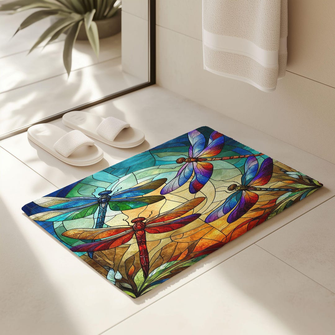 Stained Glass Dragonflies Bath Mat, Non-slip Memory Foam Rug - Etsy