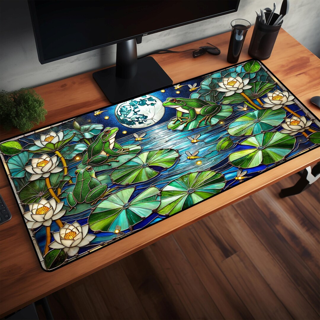 Moonlit Frogs Desk Mat, Stained Glass Style, Frog Office Decor - Etsy