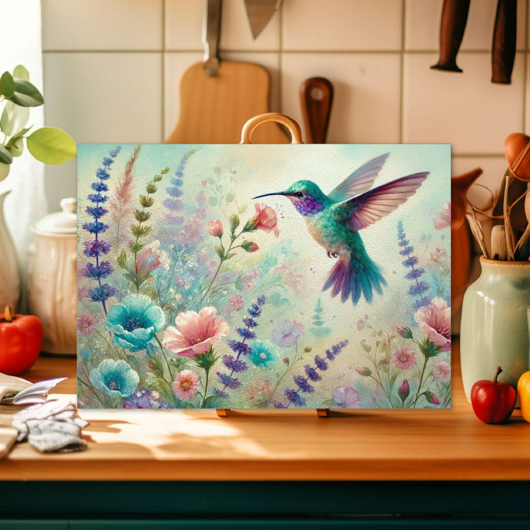 Watercolor Hummingbird Glass Cutting Board, Bird Art, Floral Kitchen ...