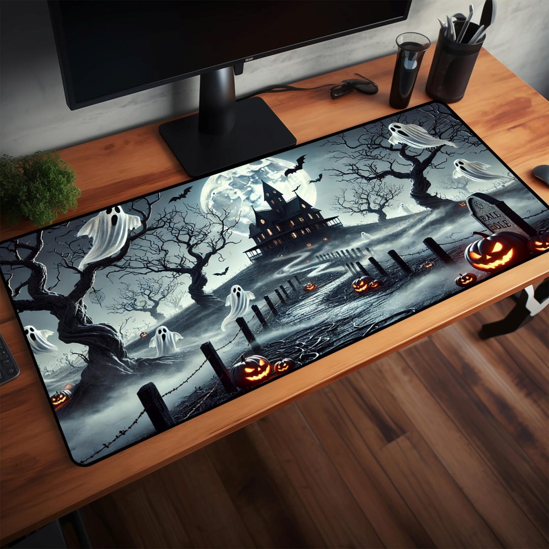 Haunted House Desk Mat, Spooky Decor, Halloween Mouse Pad - Etsy