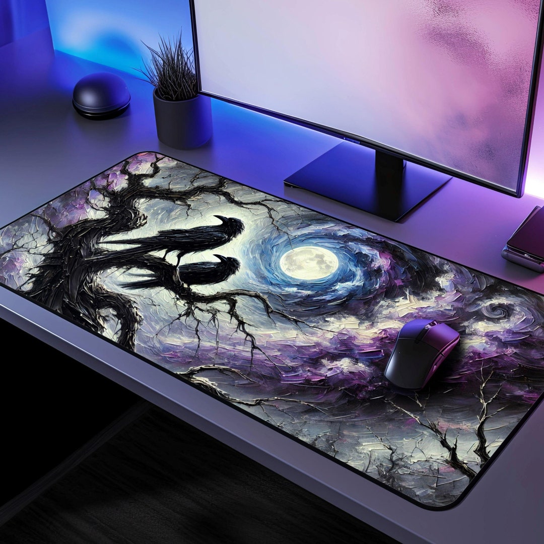Moonlit Crows Desk Mat, Crow Art, Large Mouse Pad, Gothic Decor, Office ...
