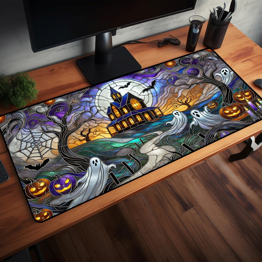 Haunted House Desk Mat, Stained Glass Halloween, Spooky Gothic Decor - Etsy