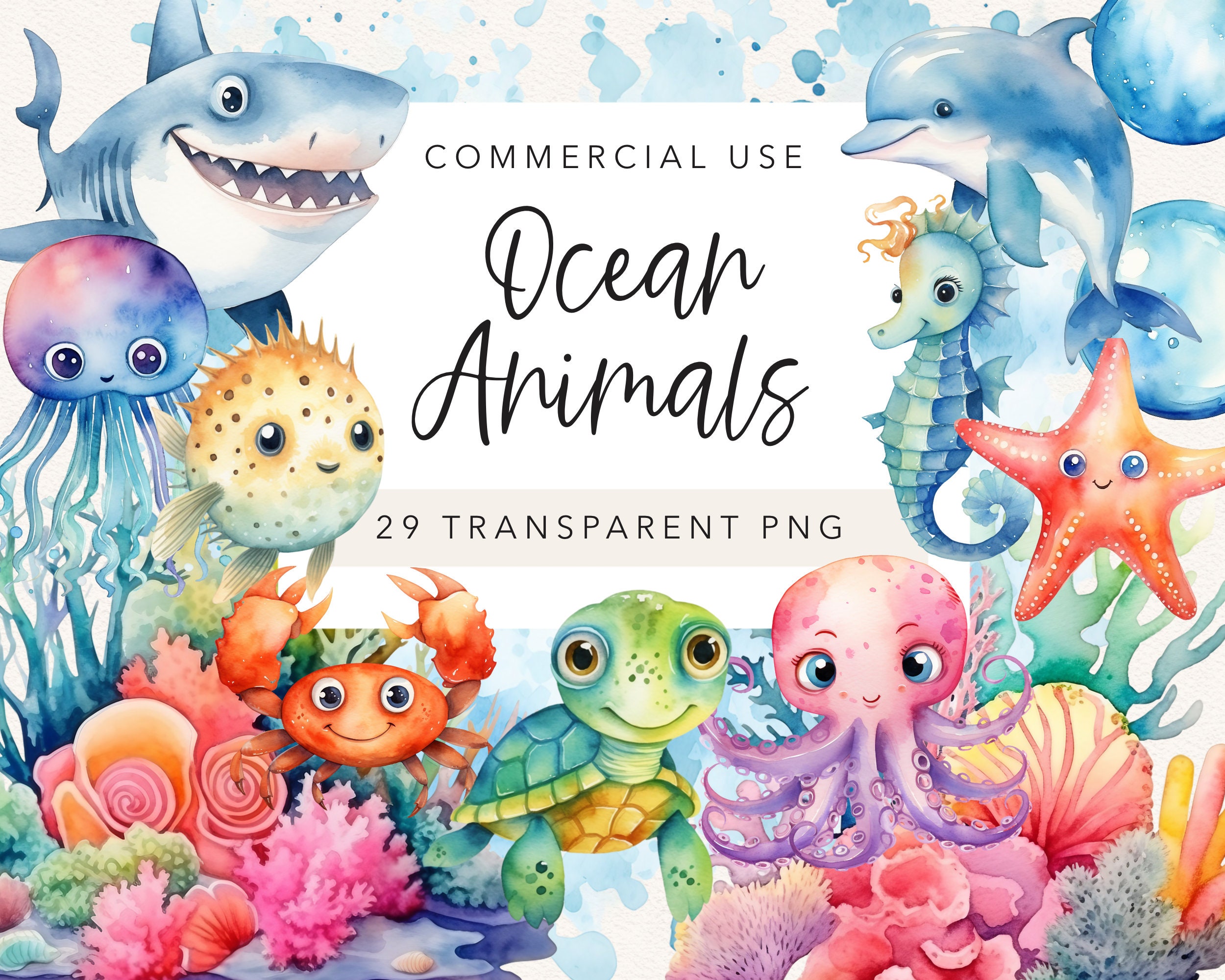 Watercolor Ocean Animals PNG Clip Art Clipart Party Invitation ...