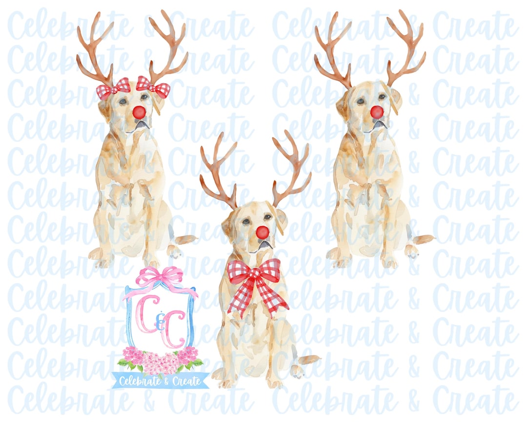 Set of 3 Watercolor Rudolph Yellow Lab Labrador Retriever Dog Antlers ...