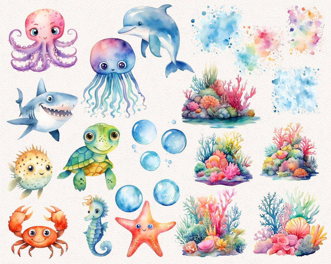 Watercolor Ocean Animals PNG Clip Art Clipart Party Invitation ...