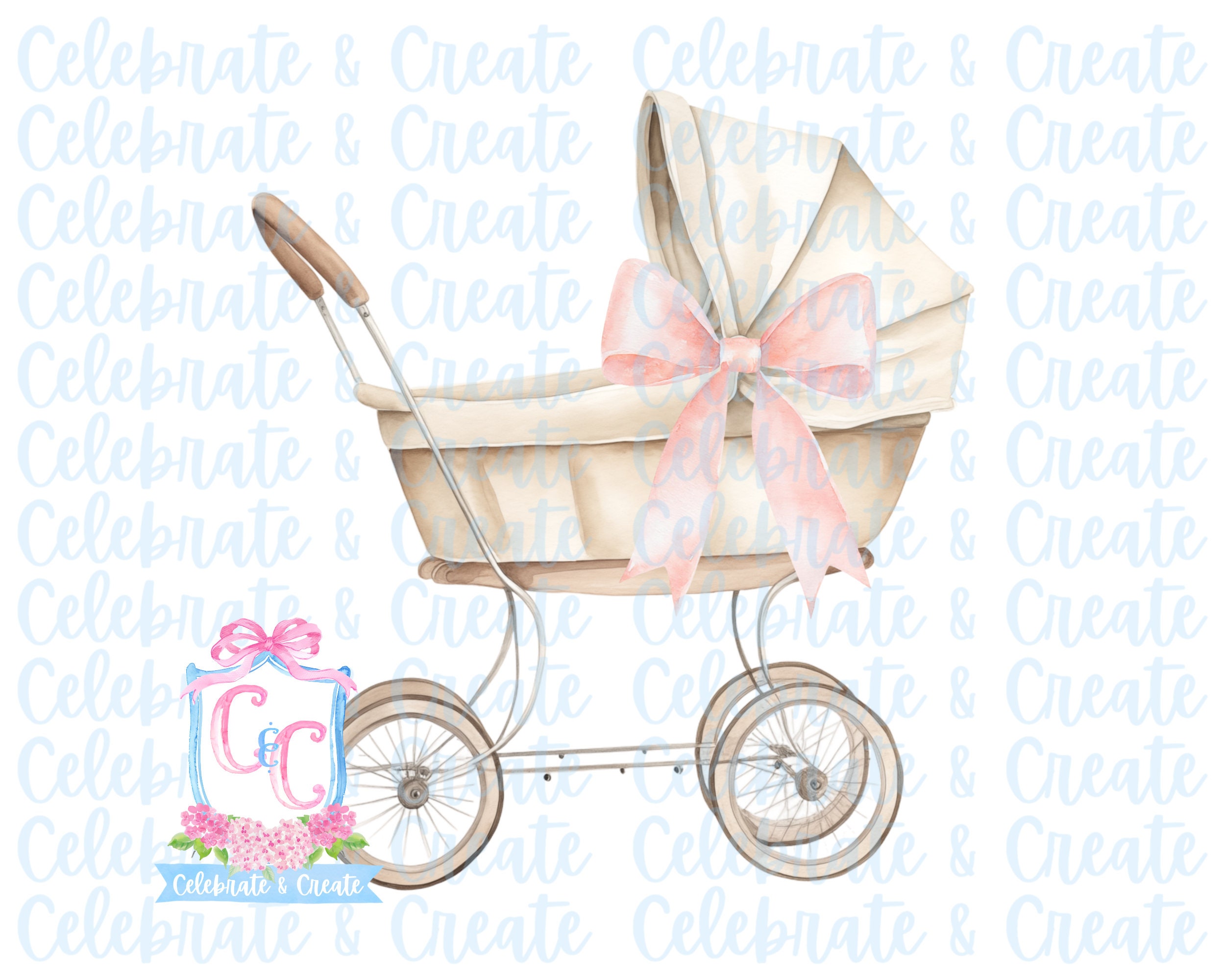 Watercolor Baby Girl Bassinet Carriage Stroller Pink Bow PNG Clipart ...