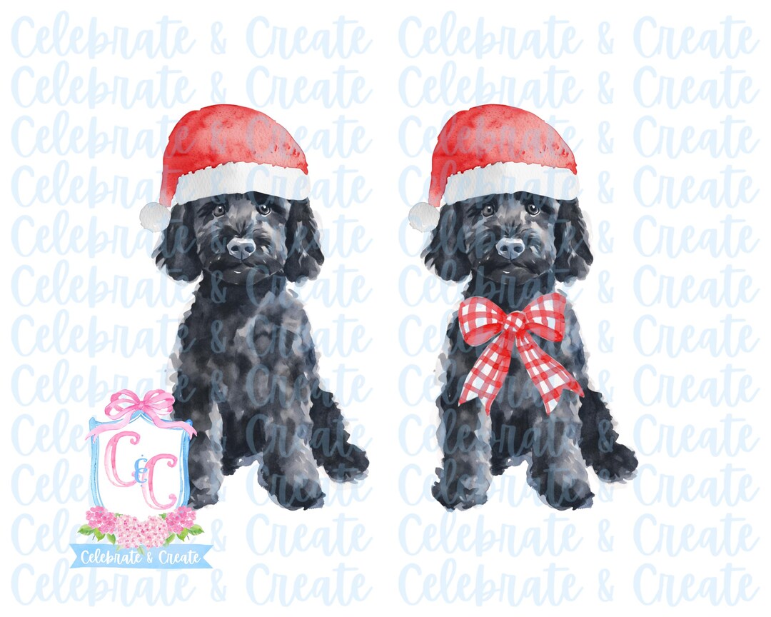 Set of 2 Watercolor Santa Hat Black Goldendoodle Doodle Dog Red Gingham ...