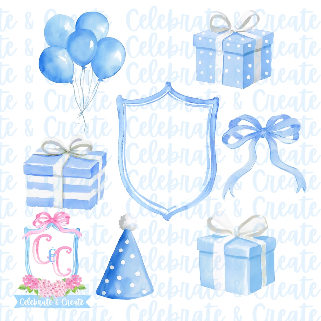 Blue Watercolor Birthday Pack Happy Birthday Party Celebration Crest ...