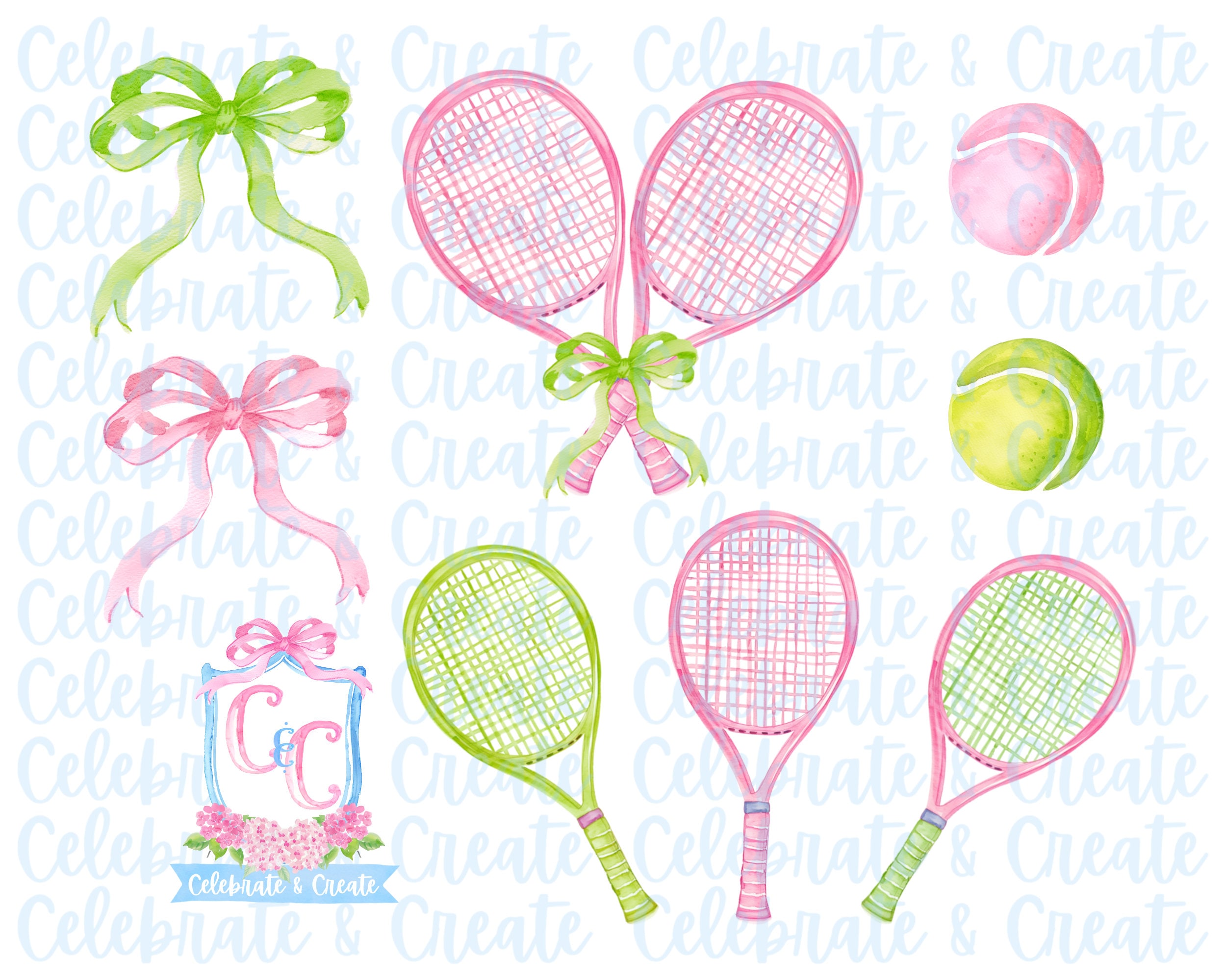Watercolor Pink Tennis Racket Ball Bow Set of 3 PNG Clipart Stationery ...