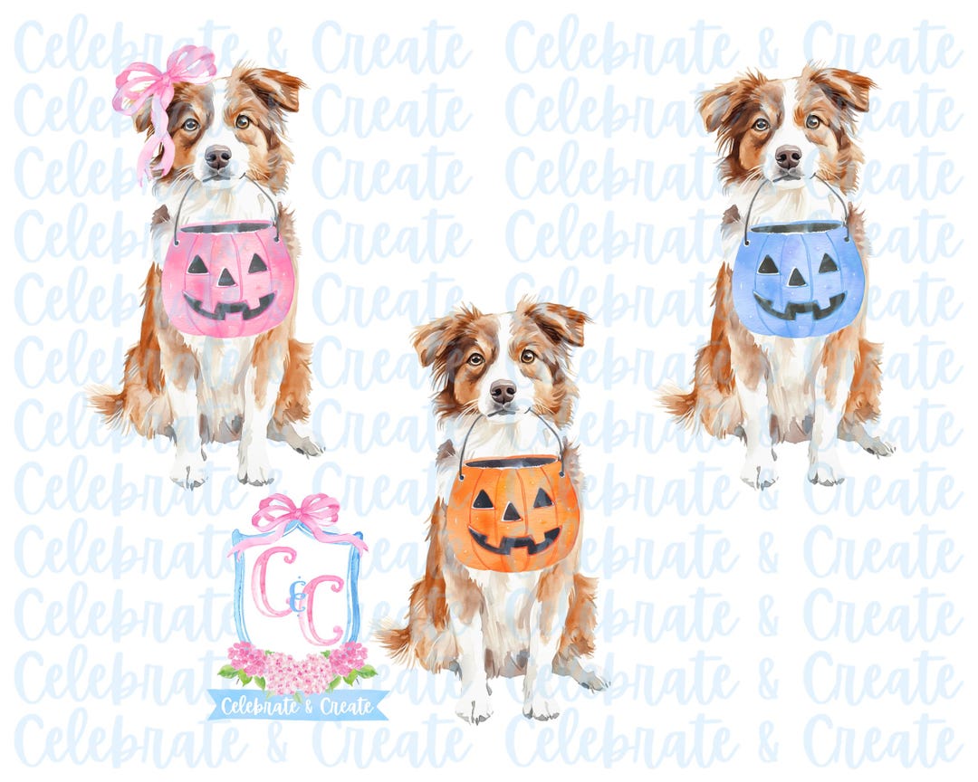 Watercolor Set of 3 Halloween Red Merle Australian Shepherd Aussie ...