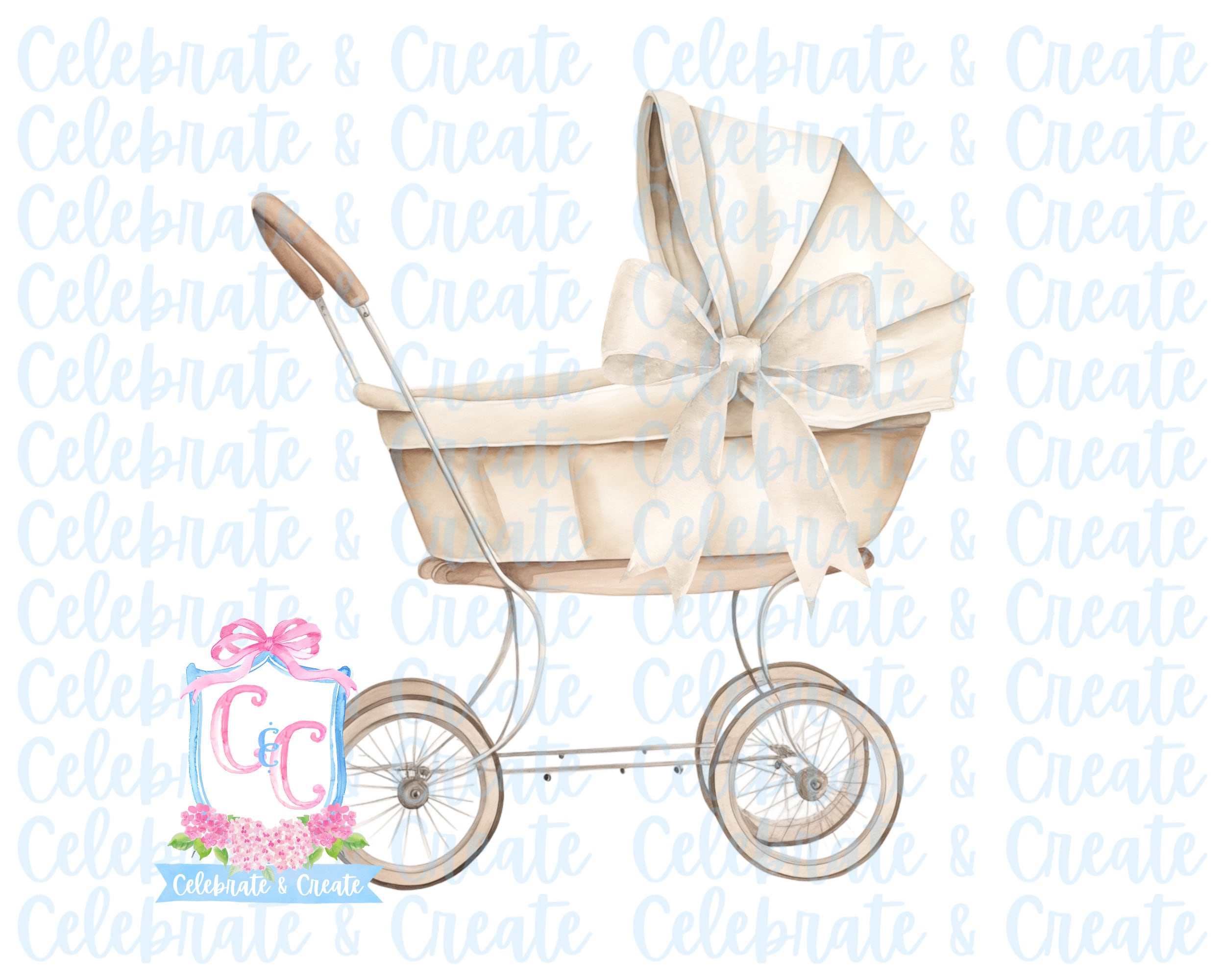 Watercolor Baby Gender Neutral Bassinet Carriage Stroller Bow PNG ...
