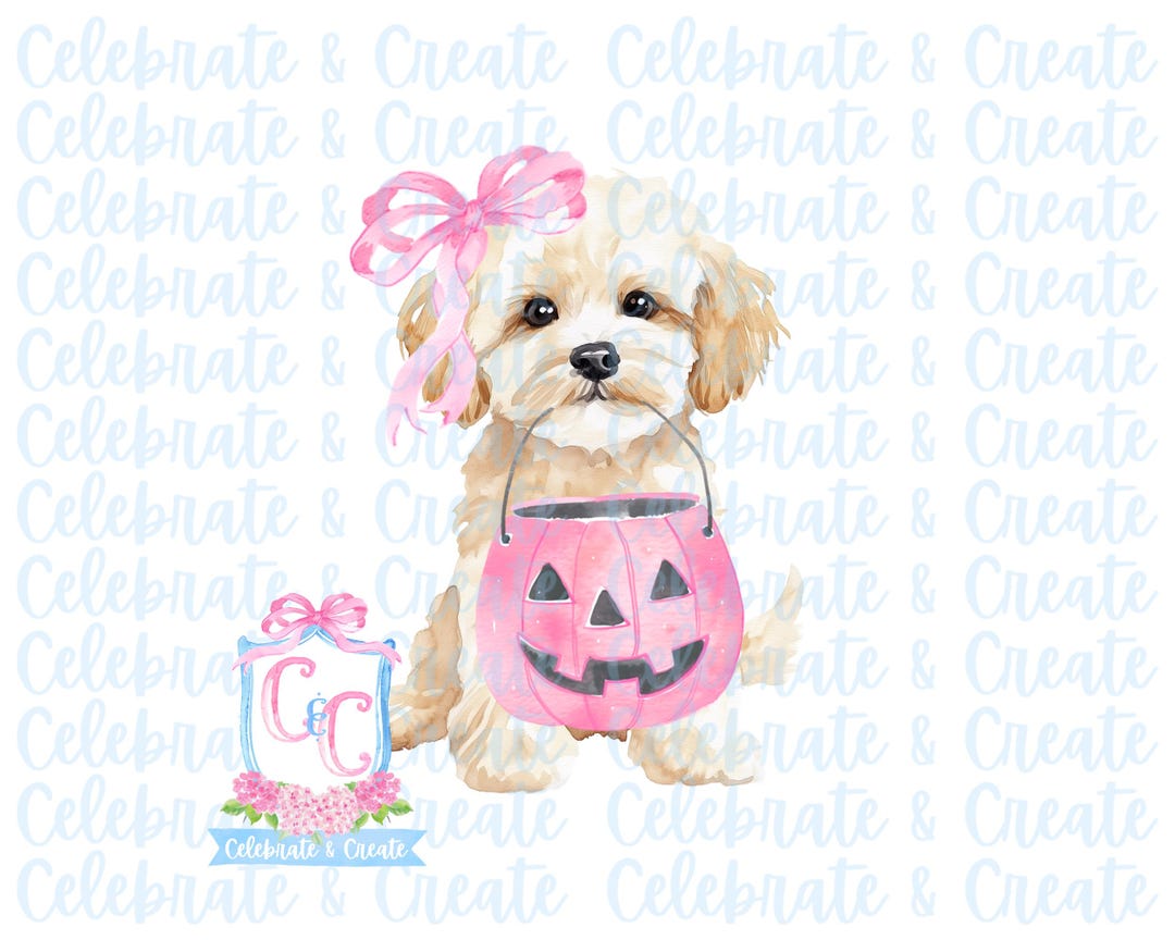 Watercolor Halloween Cavapoo Maltipoo Dog Pink Bow Pumpkin Candy Bucket ...