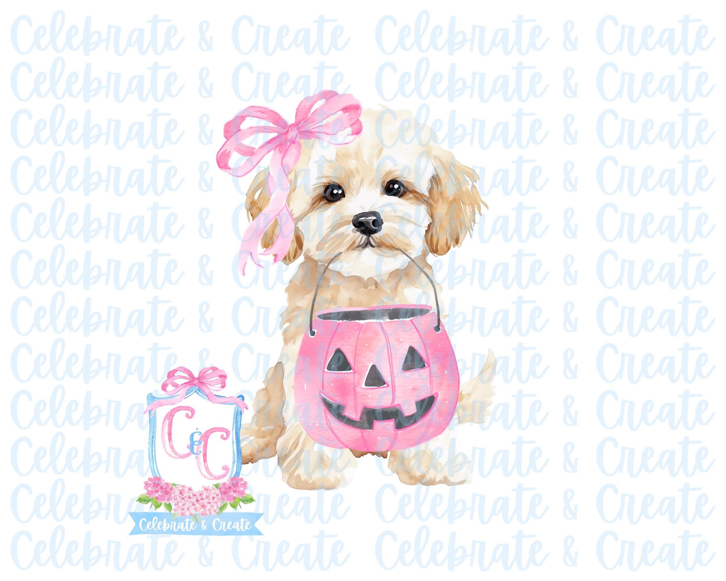 Watercolor Halloween Cavapoo Maltipoo Dog Pink Bow Pumpkin Candy Bucket ...