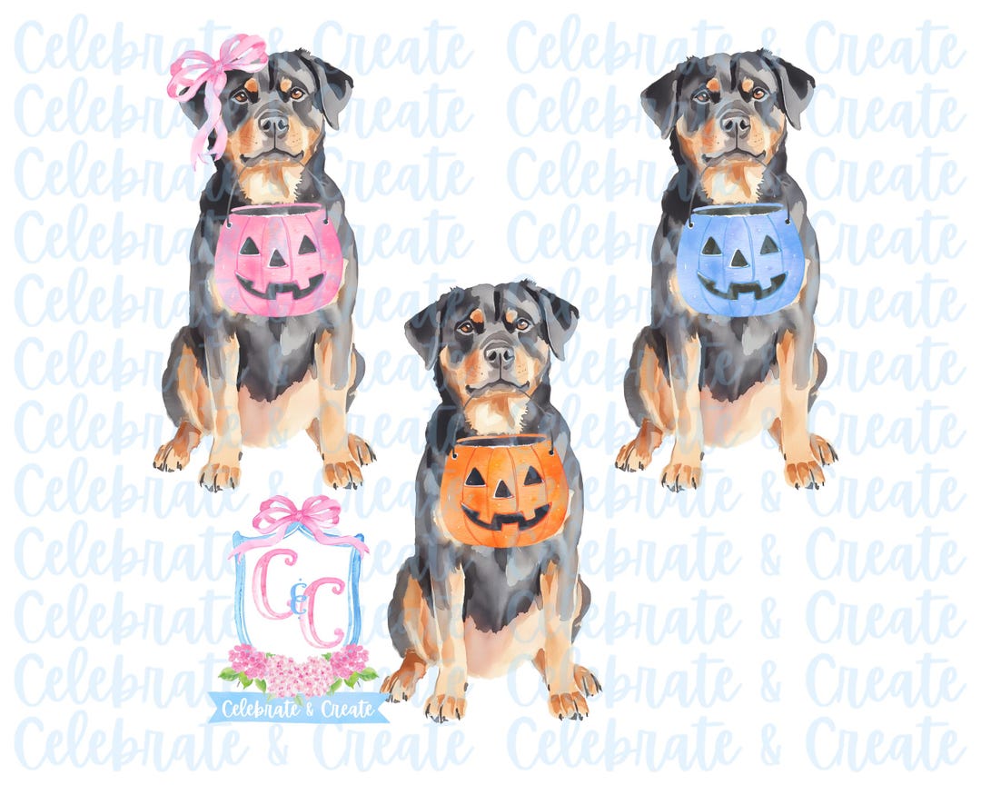 Watercolor Set of 3 Halloween Rottweiler Dog Puppy Pumpkin Candy Bucket ...