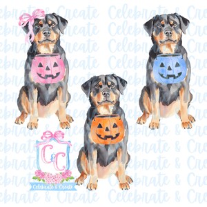 Watercolor Set of 3 Halloween Rottweiler Dog Puppy Pumpkin Candy Bucket ...