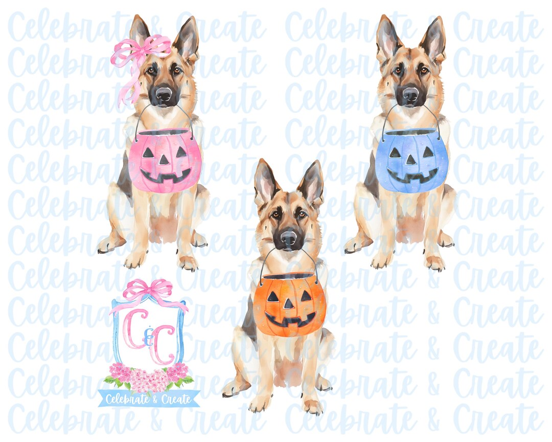 Watercolor Set of 3 Halloween German Shepherd Pumpkin Candy Bucket PNG ...