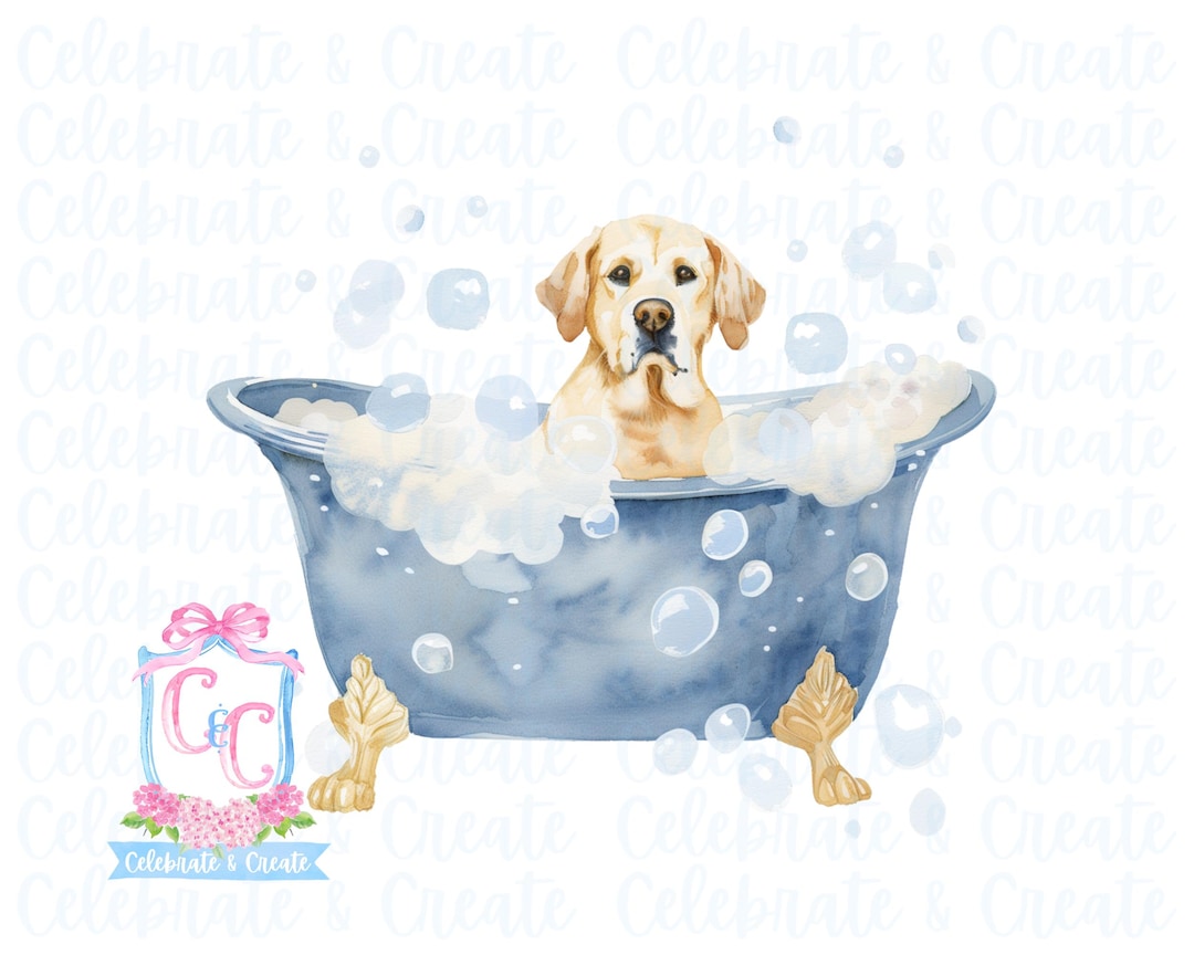 Watercolor Yellow Lab Labrador Retriever Dog in Blue Bubble Bath Tub ...