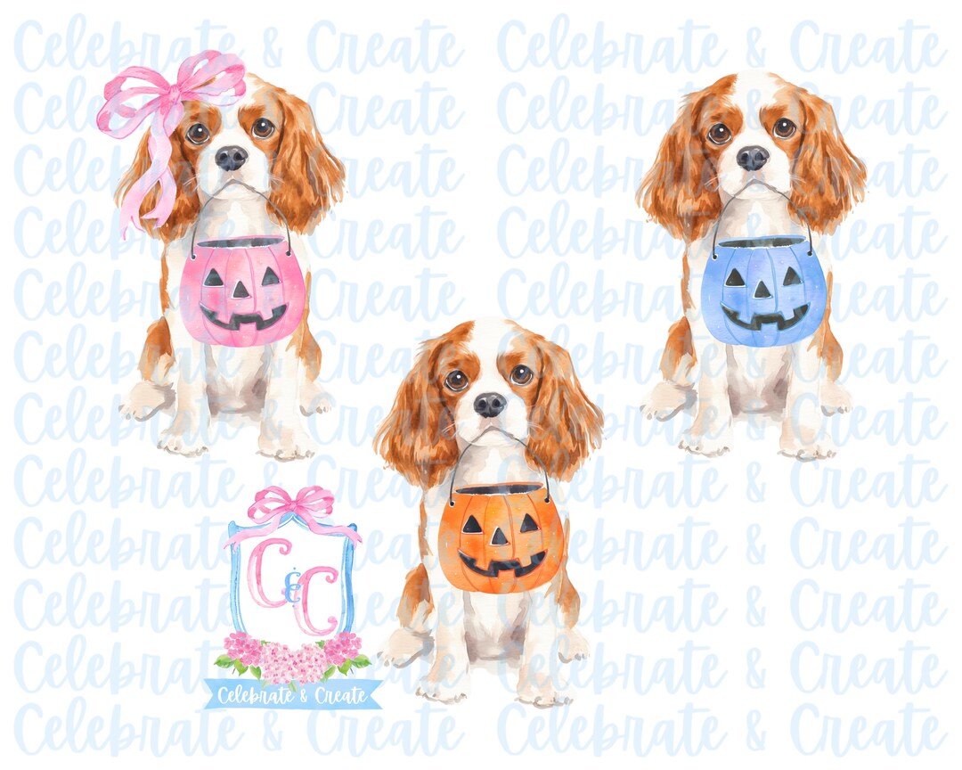 Watercolor Set of 3 Halloween Cavalier King Charles Spaniel Dog Puppy ...