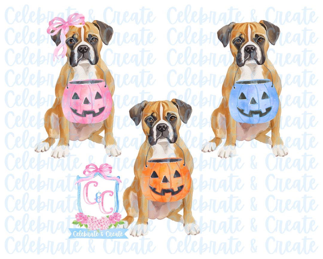 Watercolor Set of 3 Halloween Boxer Dog Puppy Pumpkin Candy Bucket PNG ...