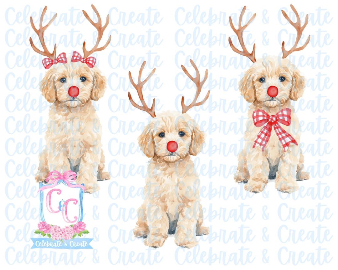 Set of 3 Watercolor Rudolph Cream Golden Doodle Goldendoodle Antlers ...