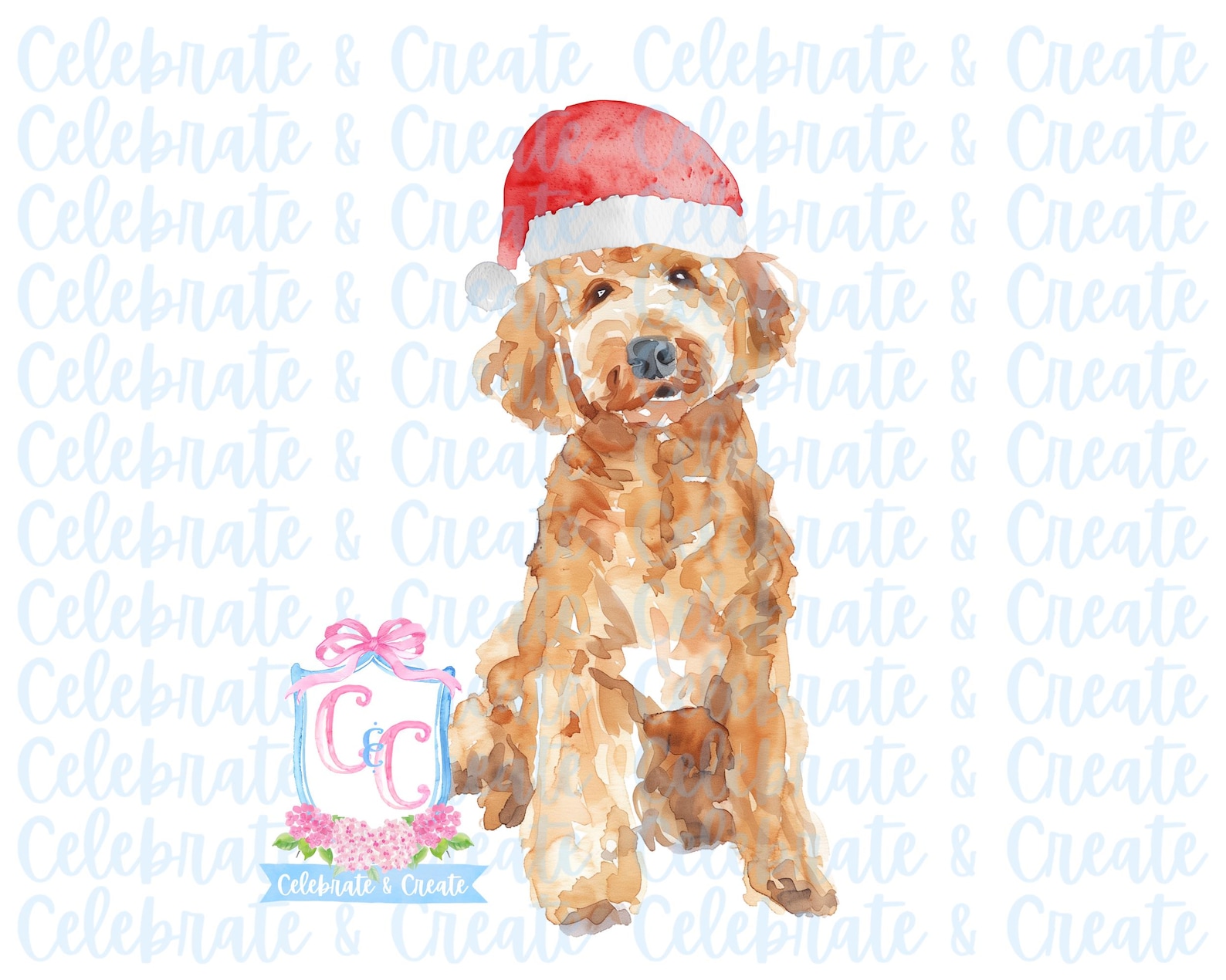 Watercolor Santa Hat Golden Doodle Labradoodle Dog Red Gingham Bow PNG ...