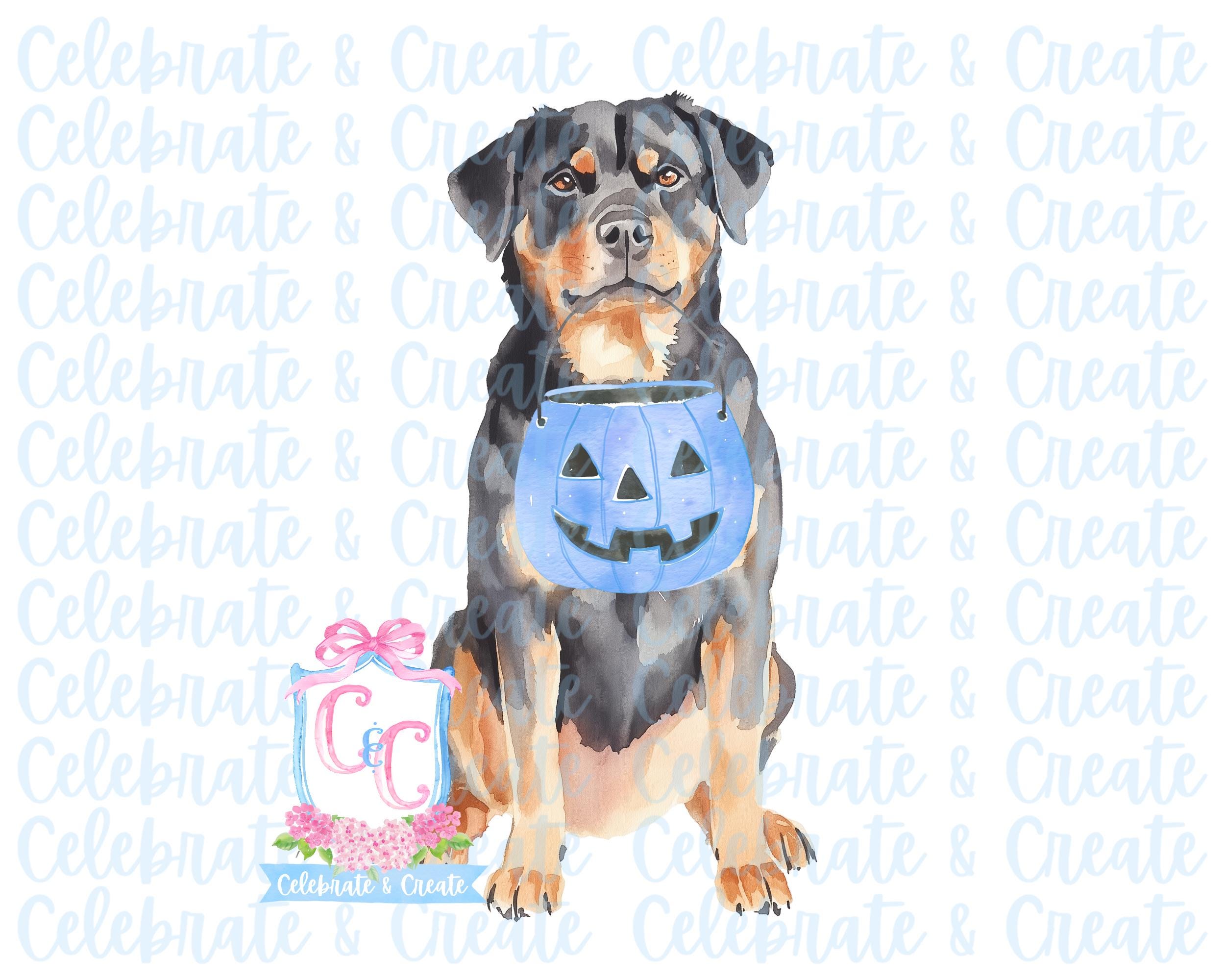 Watercolor Set of 3 Halloween Rottweiler Dog Puppy Pumpkin Candy Bucket ...