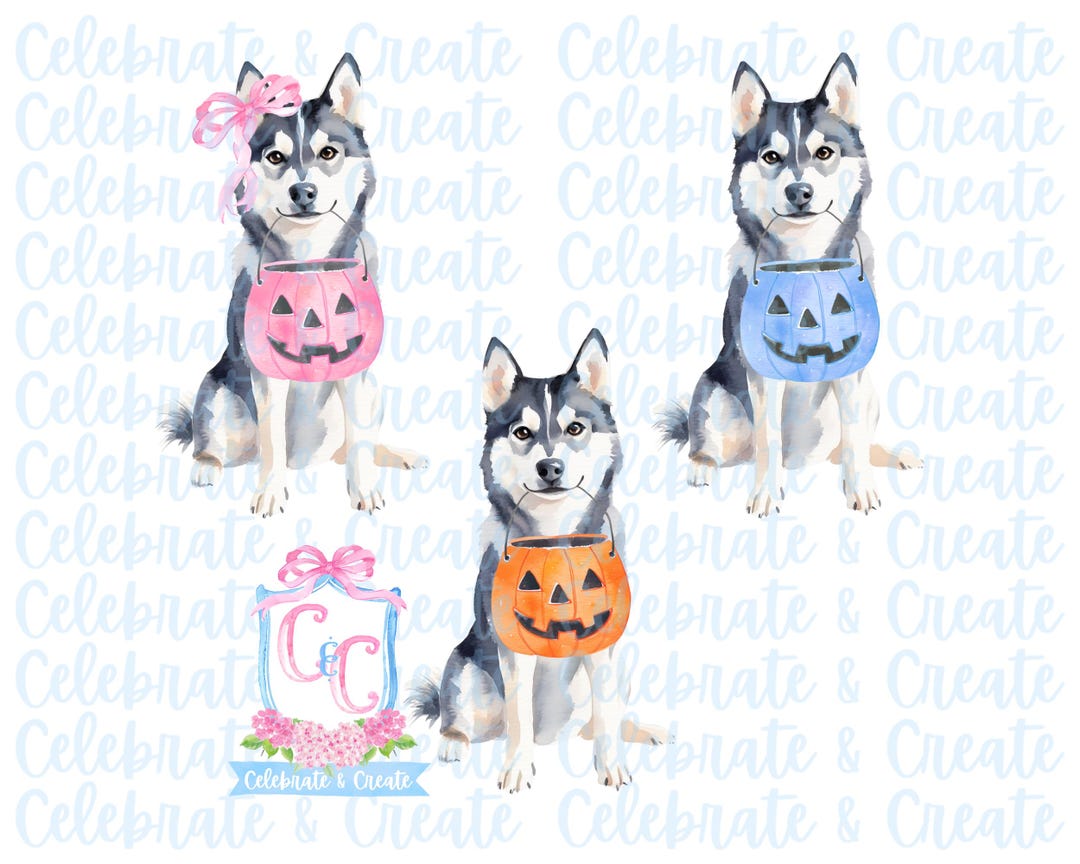 Watercolor Set of 3 Halloween Husky Malamute Dog Puppy Pumpkin Candy ...