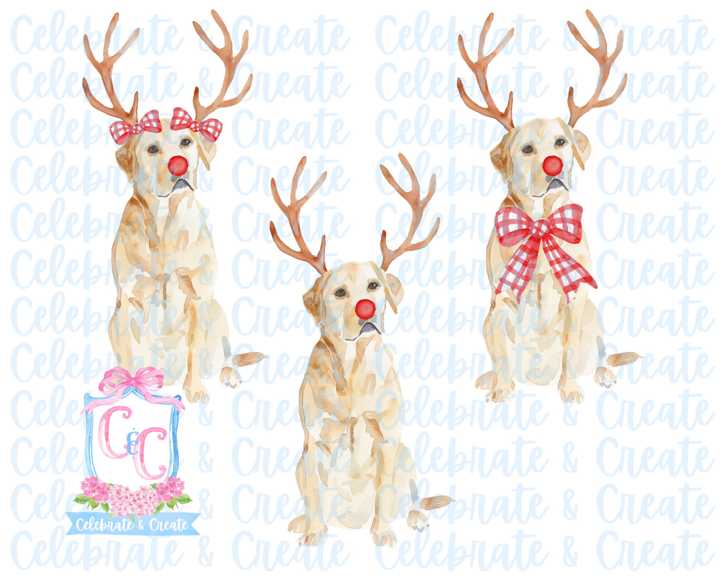 Set of 3 Watercolor Rudolph Yellow Lab Labrador Retriever Antlers & Red ...