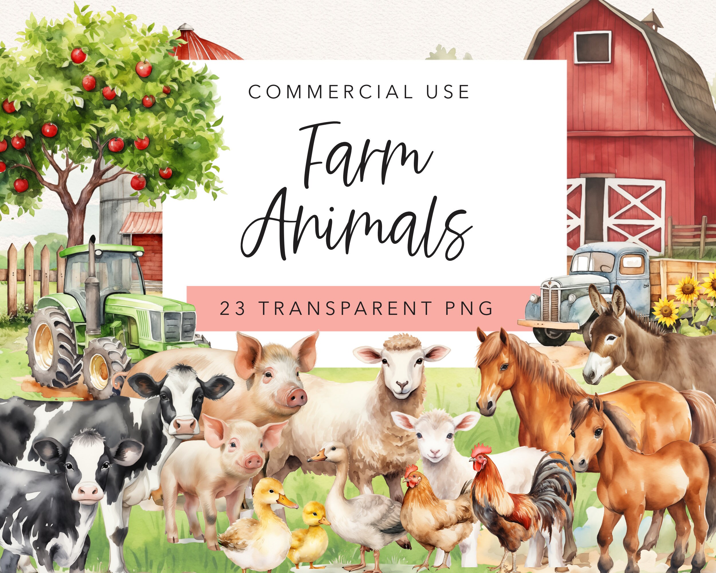 Watercolor Farm Animals PNG Clip Art Clipart Party Invitation Nursery ...