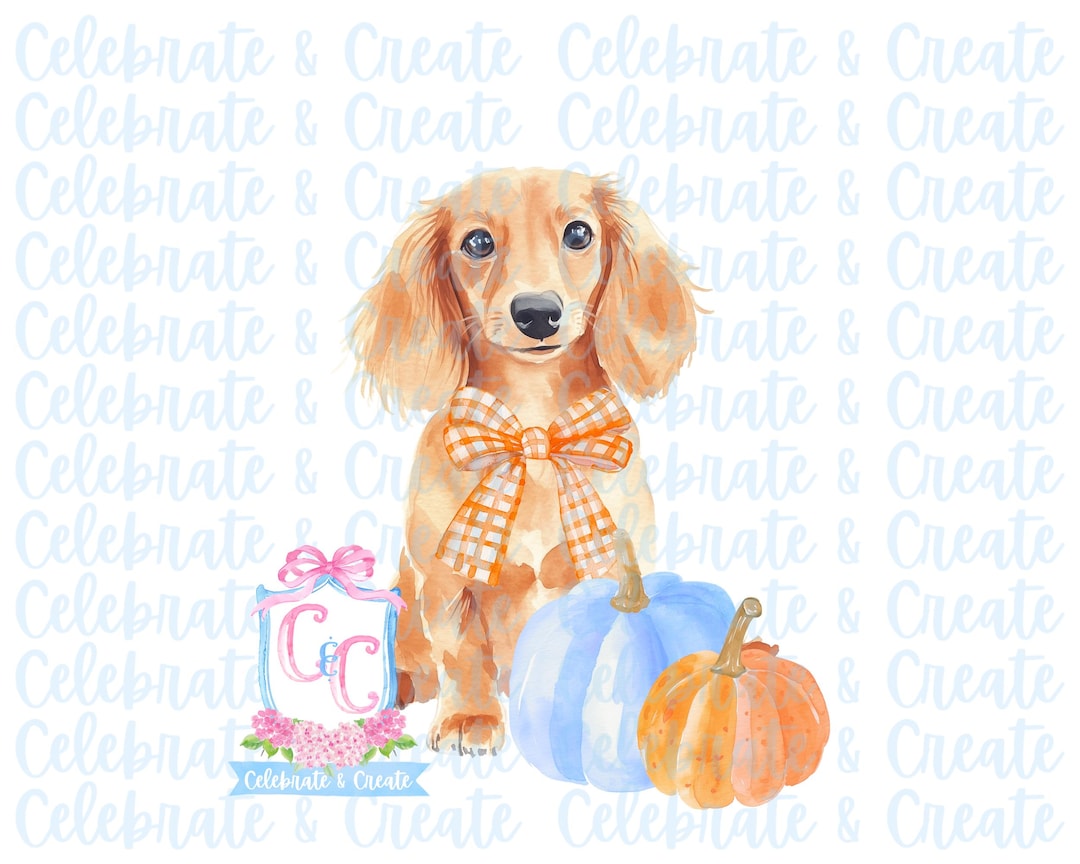Watercolor Tan Long Haired Dachshund Weenie Weiner Dog Orange Gingham ...