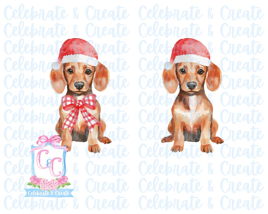 Set of 2 Watercolor Santa Hat Short Haired Dachshund Weenie Weiner ...