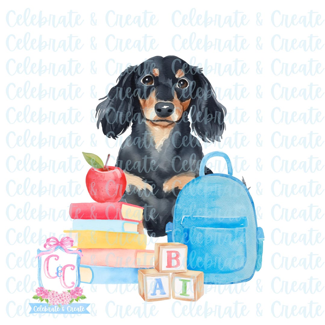 Dachshund Black Tan Brown Watercolor Dog Puppy Back to School August ...